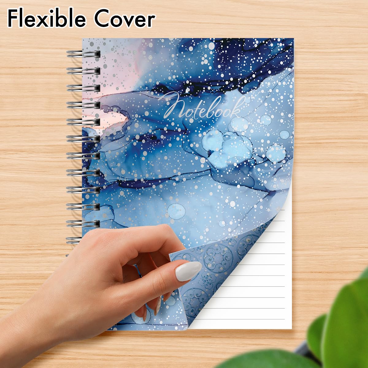 Designer Greetings, Designer Papers Flex Cover Journal with Elastic Band, Blue “Notebook” Watercolor Marble with Silver Dotted Print - 320 Pages (6” x 8.25”) - Perfect for Work, School, Creative