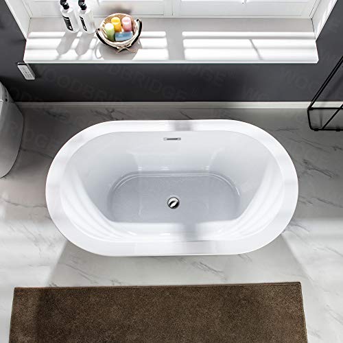 WOODBRIDGE 56" Acrylic Freestanding Bathtub Contemporary Soaking White Tub with Chrome Overflow and Drain,B0088--C--Drain&O