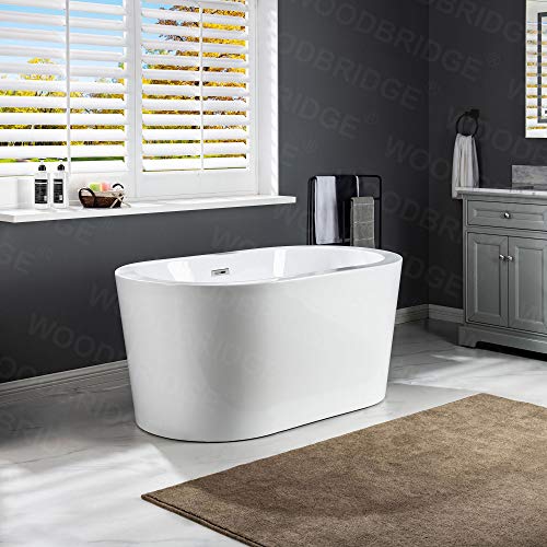 WOODBRIDGE 56" Acrylic Freestanding Bathtub Contemporary Soaking White Tub with Chrome Overflow and Drain,B0088--C--Drain&O