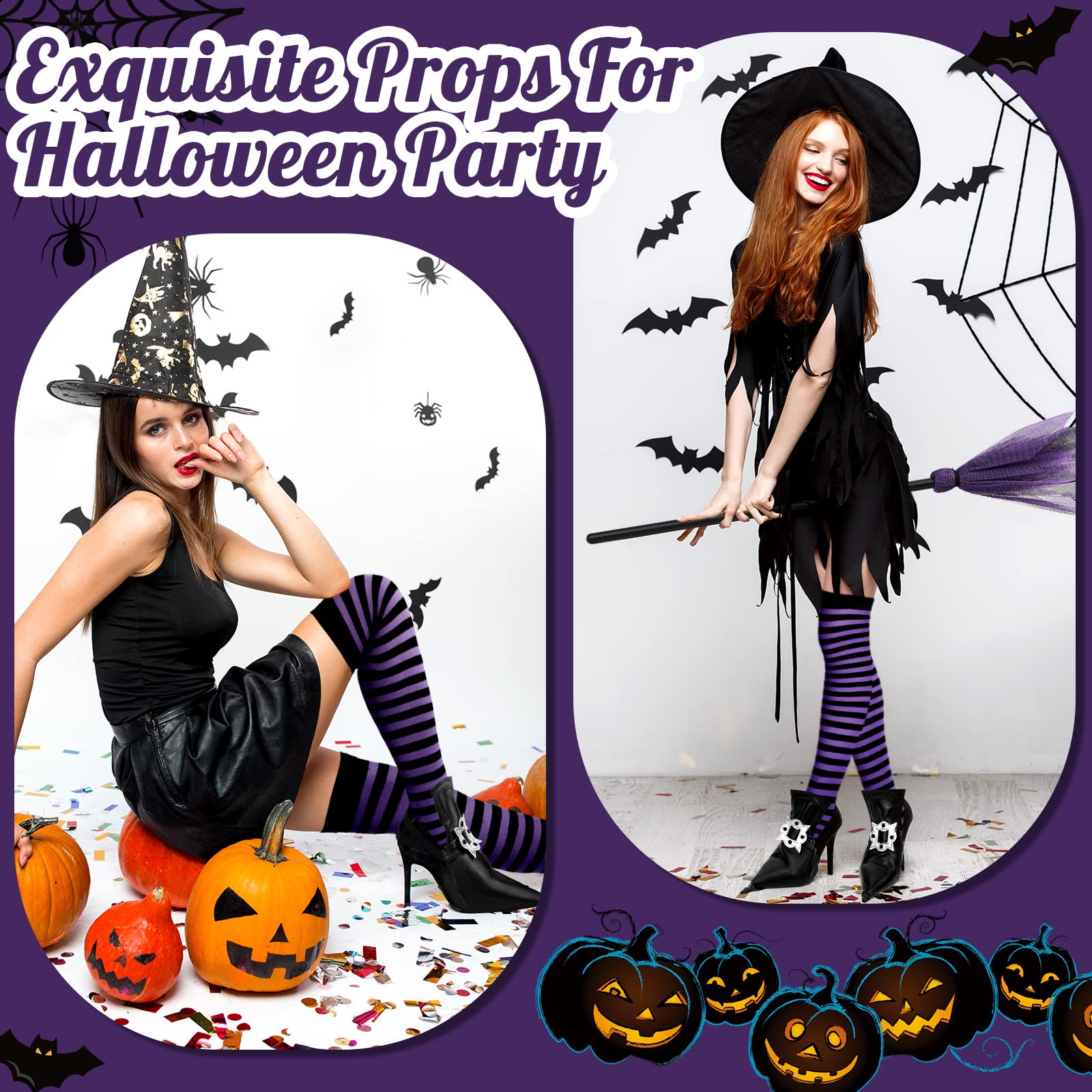 Vicenpal 3 Pcs Halloween Witch Accessories Black Witch Shoe Covers Socks Broomstick Witch Broom for Halloween Cosplay Costume (Purple)