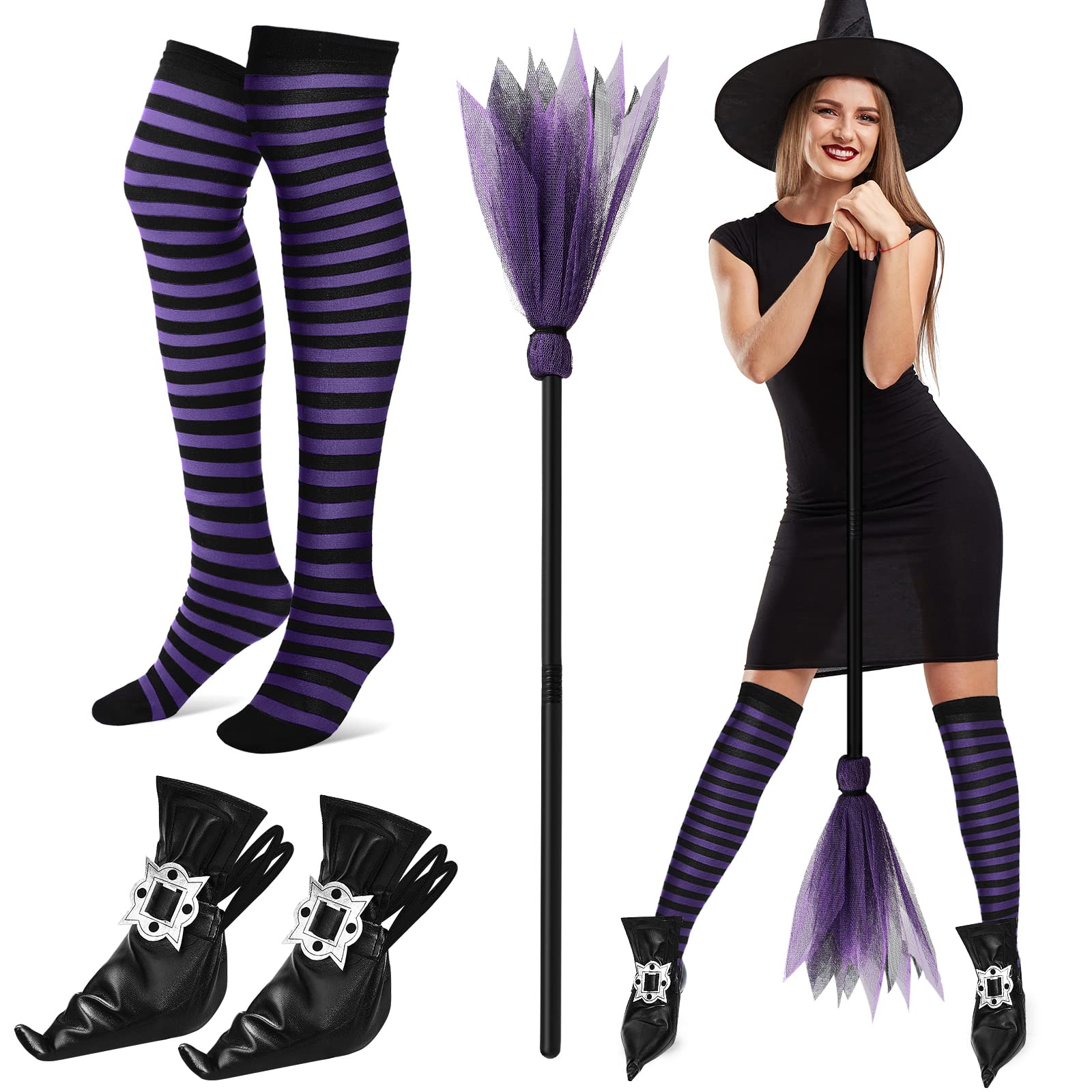 Vicenpal 3 Pcs Halloween Witch Accessories Black Witch Shoe Covers Socks Broomstick Witch Broom for Halloween Cosplay Costume (Purple)