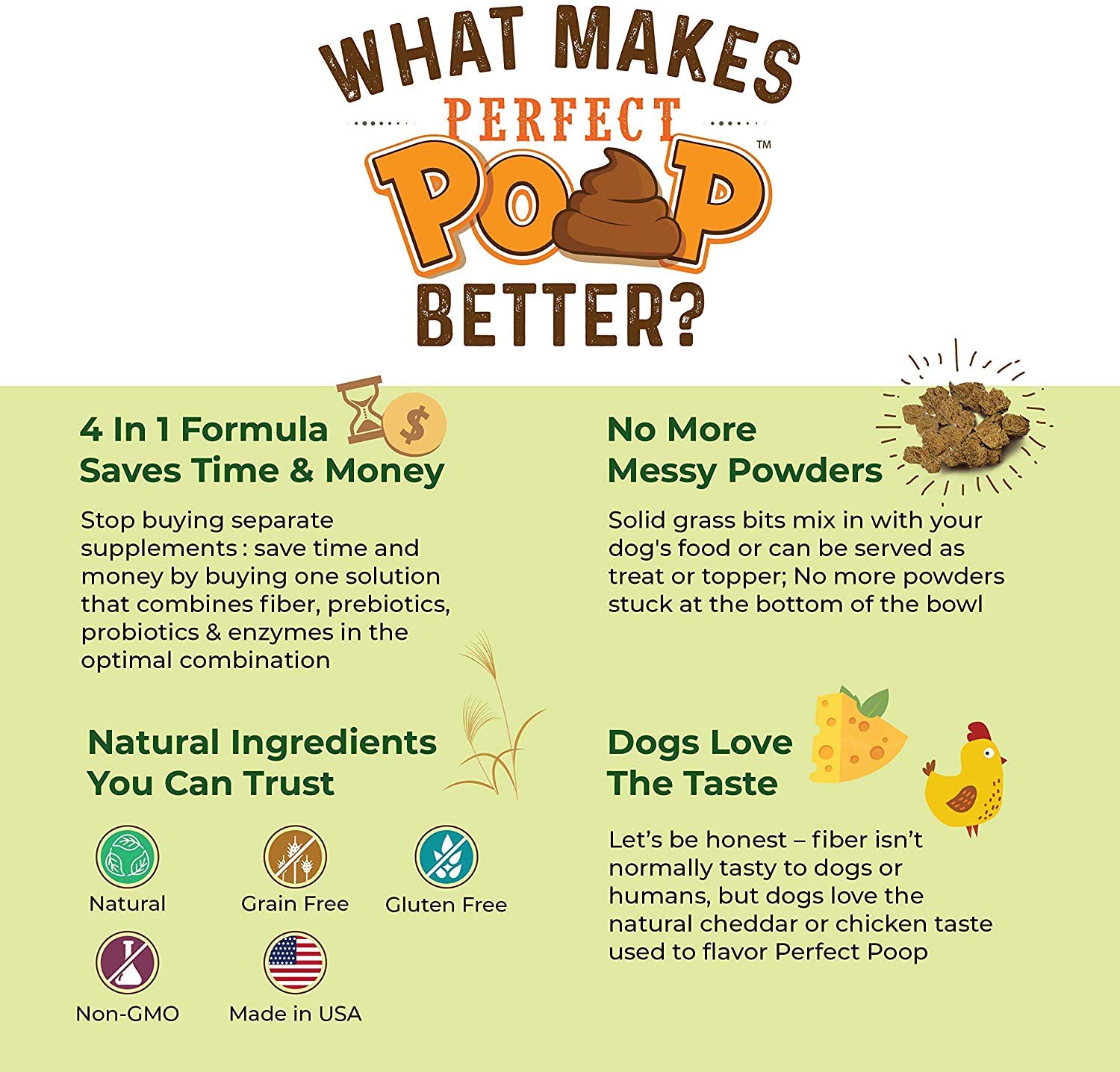 Perfect Poop Digestion & Health Supplement for Dogs: Fiber, Prebiotics, Probiotics, Enzymes Digestive, Hard & Soft Stool, Improved Health (4.2oz Cheddar Bag + 4.2oz Chicken Bag, 4.2oz Bundle)