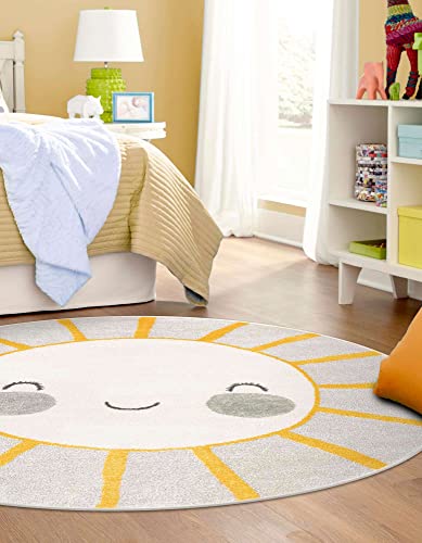 Unique Loom Whimsy Kids Collection Area Rug - Smiling Sunshine (Round 7' 10" x 7' 10", Gray/ Yellow)