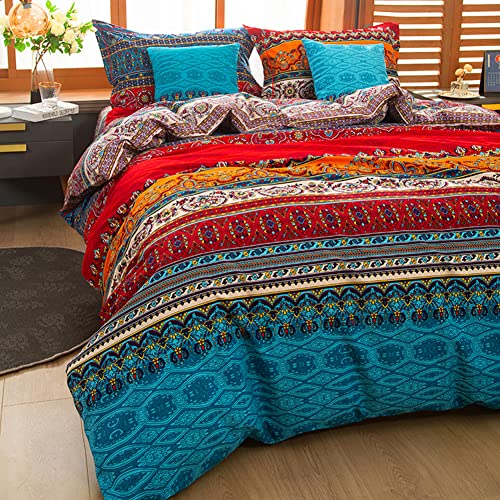 CoutureBridal Bohemian Duvet Cover (120GSM) Queen Size Reversible Colorful Floral Boho Striped Bedding Set, Soft Microfiber Southwestern Indian Tribal Bedding Duvet Cover with Zipper and Corner Ties
