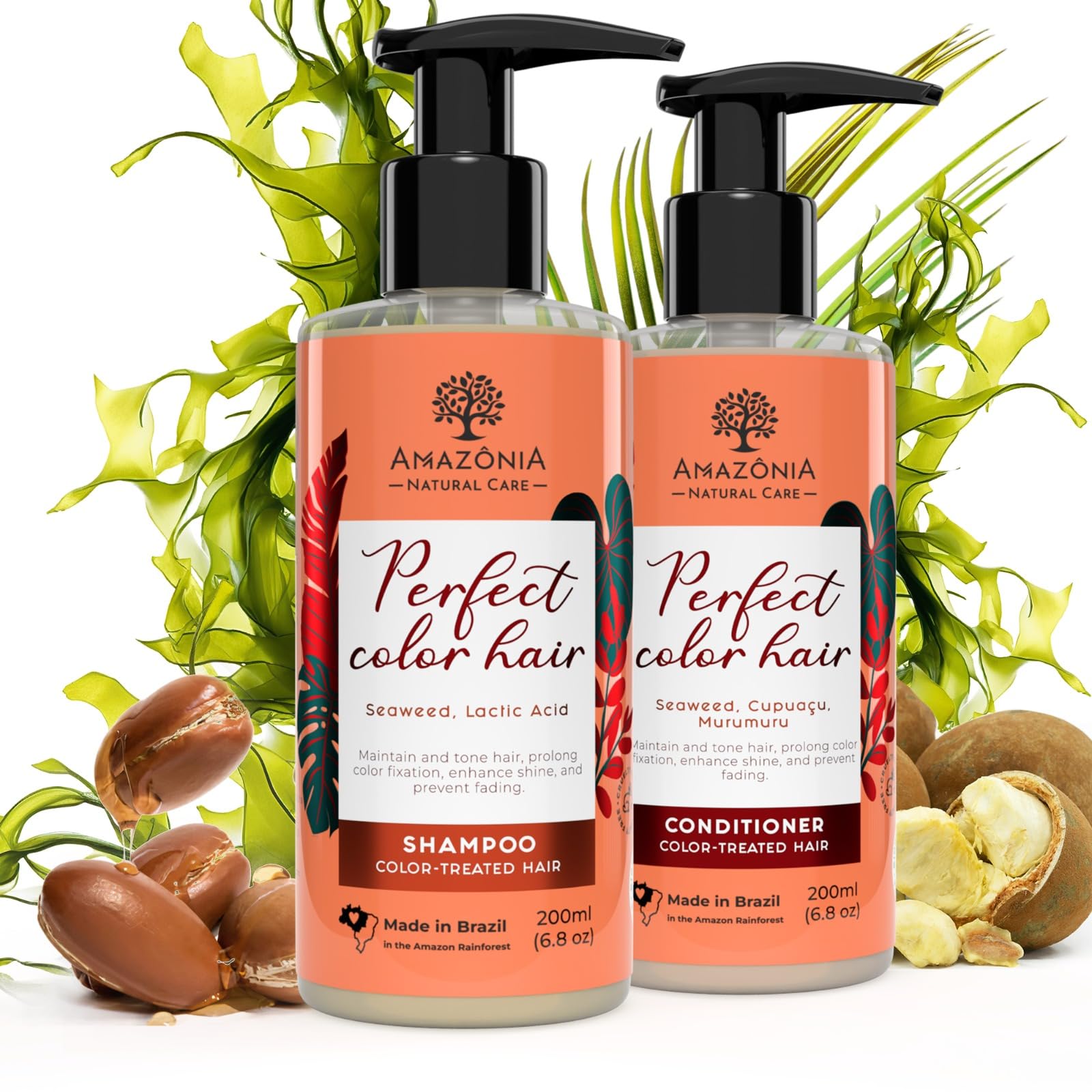 All Natural Color Shampoo and Conditioner for Color Treated Hair With Seaweed, Lactic Acid, Cupuacu & Murumuru to Prevent Fading & Intensify Vibrancy 6.8oz