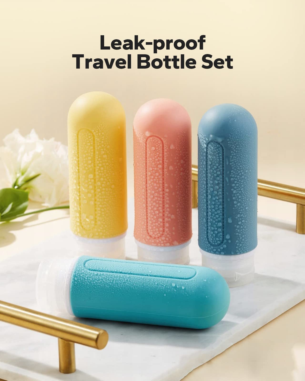 Birkie Silicone Toiletries Bottles (4 Count, 3oz Each), Refillable, Leak-Proof for Shampoo & Conditioner