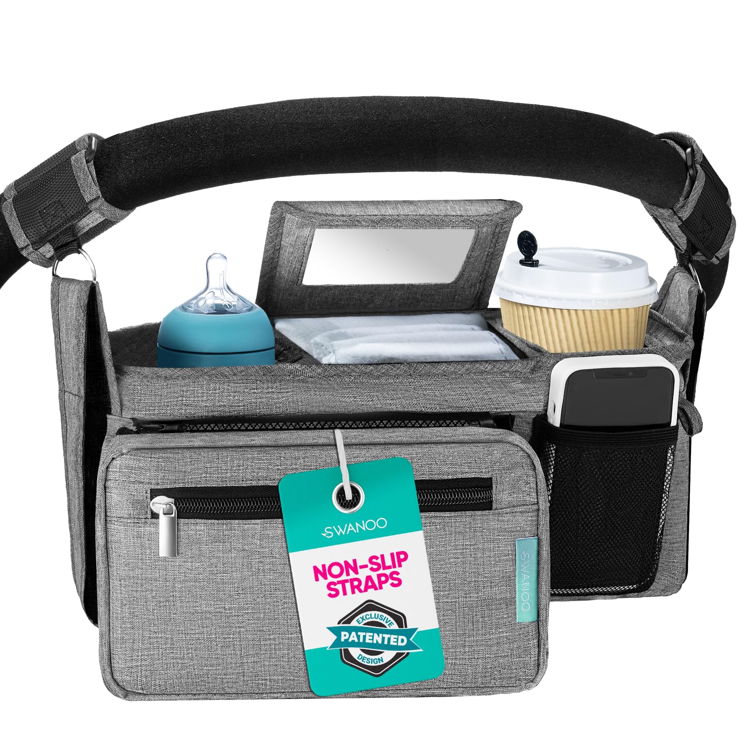 Swanoo Stroller Caddy Stroller Organizer With Cup Holder, Non Slip Straps Stroller Bag for Phone, Pet Stroller Accessories, Universal Fits Uppababby Vista v2 Wonderfold Wagon, Doona and More