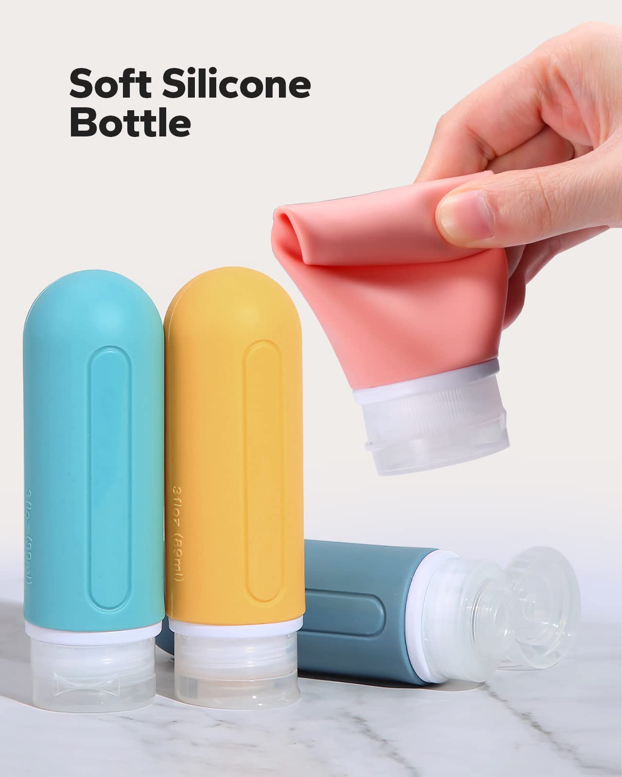 Birkie Silicone Toiletries Bottles (4 Count, 3oz Each), Refillable, Leak-Proof for Shampoo & Conditioner