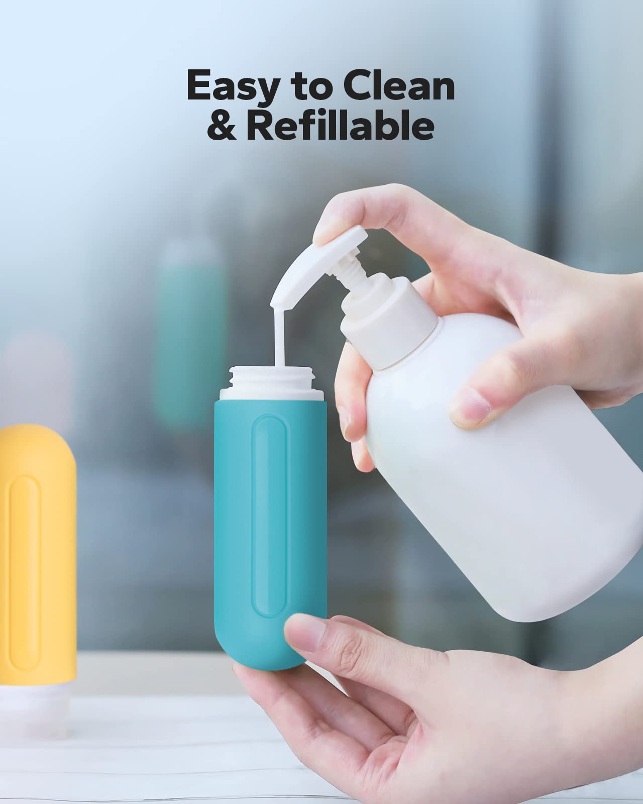 Birkie Silicone Toiletries Bottles (4 Count, 3oz Each), Refillable, Leak-Proof for Shampoo & Conditioner