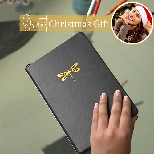 SETTINI Dotted Journal - A5 Vegan Leather Notebook, 192 Archival-Quality Pages, QuillEase Bleed-Free Paper, Inner Pocket & Bookmark, Ideal for Bullet Journaling - Black Dragonfly