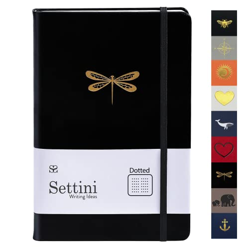 SETTINI Dotted Journal - A5 Vegan Leather Notebook, 192 Archival-Quality Pages, QuillEase Bleed-Free Paper, Inner Pocket & Bookmark, Ideal for Bullet Journaling - Black Dragonfly