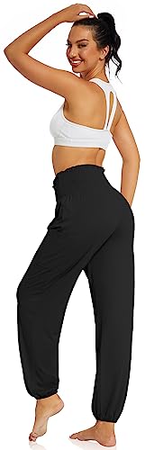 UEU Women's Casual Loose Harem Yoga Pants Elastic High Waist Lounge Comfy Pajama with Pockets(Black, M)