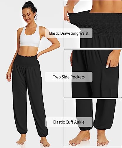 UEU Women's Casual Loose Harem Yoga Pants Elastic High Waist Lounge Comfy Pajama with Pockets(Black, M)