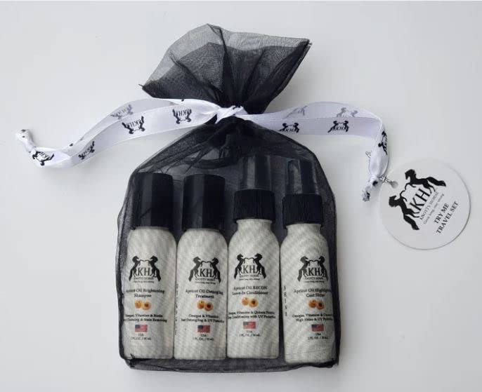 Knotty Horse Apricot Oil Sample Pack - Try Me Travel Set Brightening Shampoo - Leave in Conditioner - Detangling Treatment - Highlighting Coat Shine
