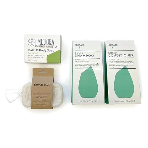 MightyNest Bath & Body Plastic Free Shower Set | HiBar Maintain Shampoo Bar and Conditioner Bar, Travel Size | Lemongrass Bar Soap | Compostable Konjac Body Sponge | Zero Waste and Vegan