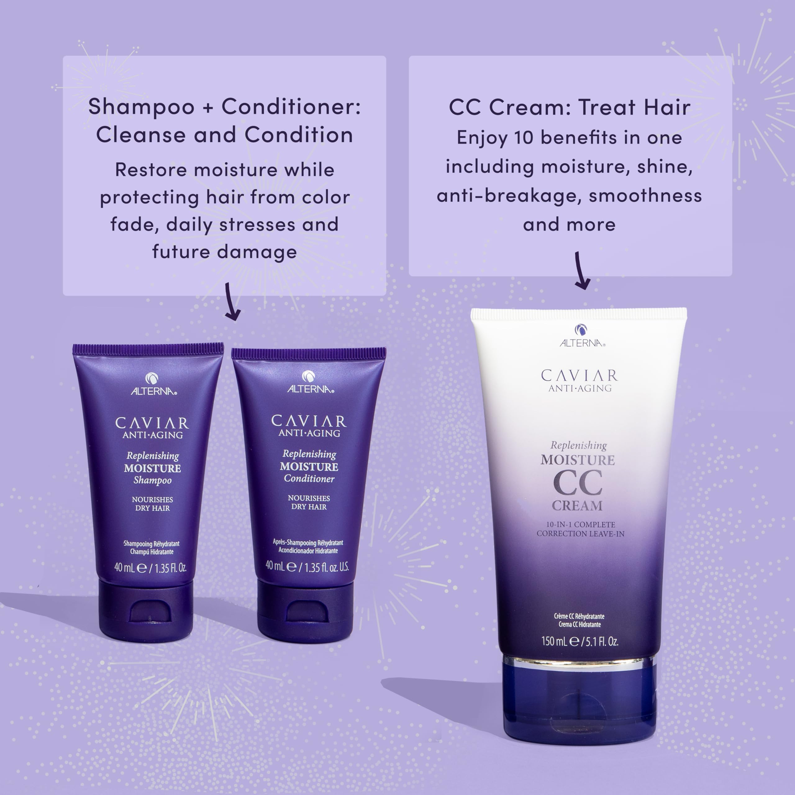 Caviar Anti-Aging Style & Shine Replenishing Moisture Gift Set |CC Cream 5.1oz with Travel Size Moisture Shampoo and Conditioner | Protects, Restores & Hydrates | Sulfate Free