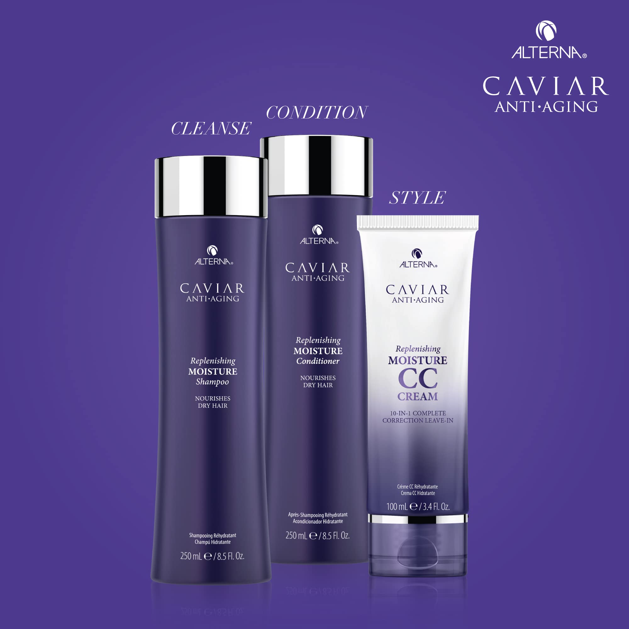 Caviar Anti-Aging Style & Shine Replenishing Moisture Gift Set |CC Cream 5.1oz with Travel Size Moisture Shampoo and Conditioner | Protects, Restores & Hydrates | Sulfate Free