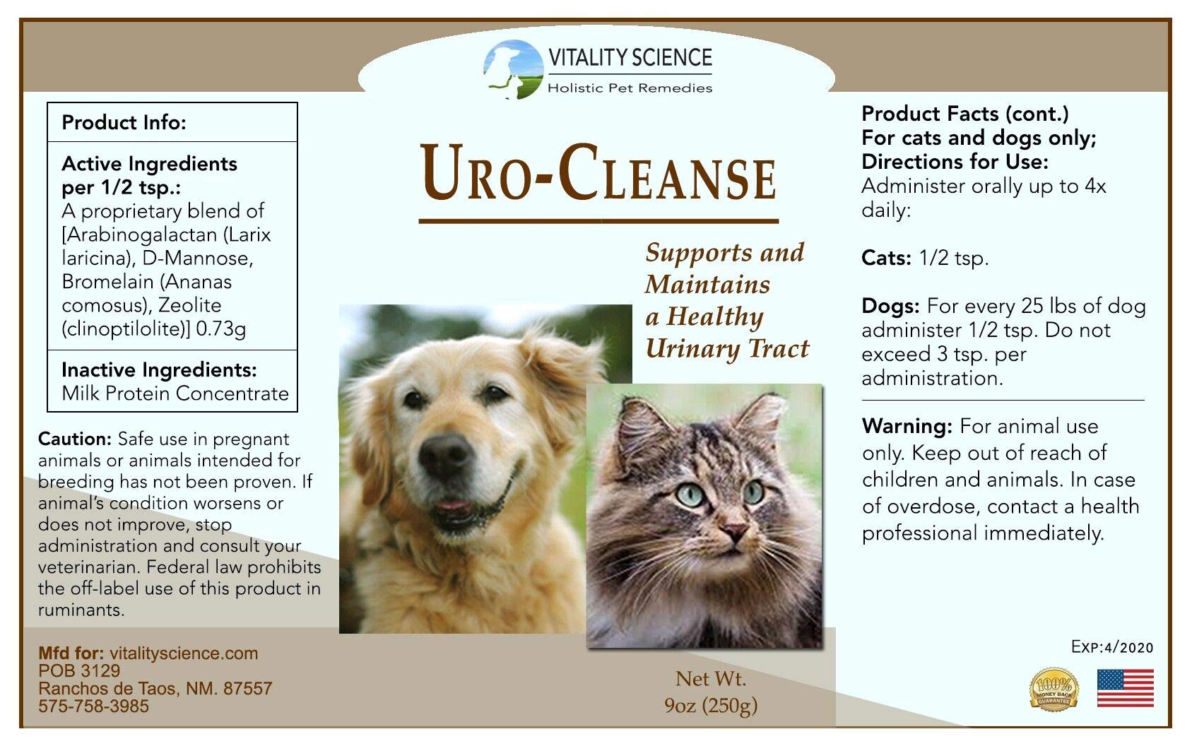 Vitality Science URO-Cleanse for Dogs | Aid for Urinary Tract, Bladder, Kidney Health | D-Mannose, Arabinogalactan, Zeolite | Prevents and Eliminates UTI, Bladder Issues | Dog Incontinence Supplement