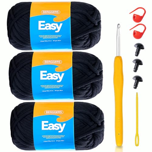 Berggers Soft Amigurumi Yarn for Crocheting with Easy-to-See Stitches Chunky Yarn Bulk, Knitting & Crochet Supplies for Beginner to Crochet Amigurumi and Others-Black Yarn