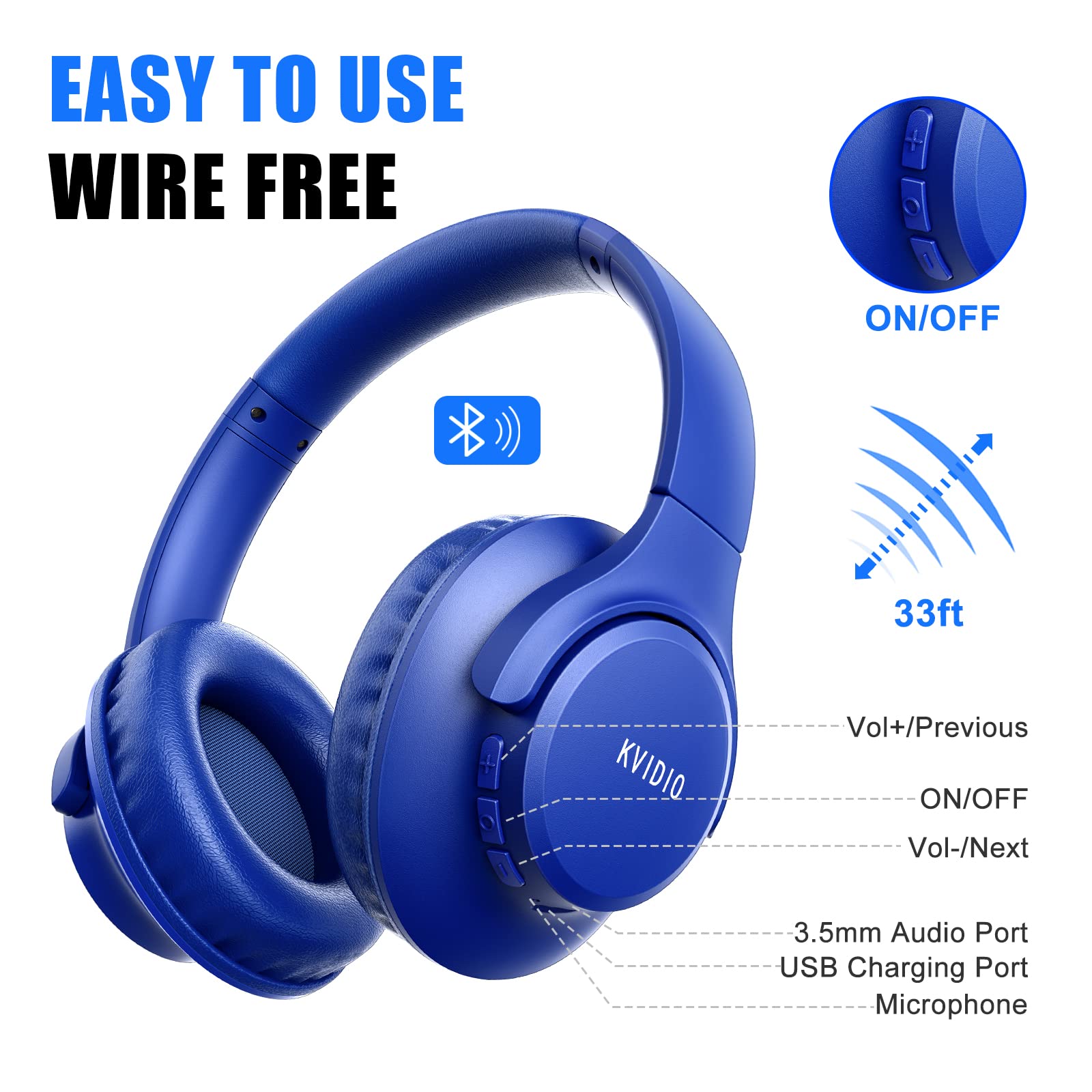 KVIDIO Bluetooth Headphones Over Ear, 65 Hours Playtime Wireless Headphones with Microphone, Foldable Lightweight Headset with Deep Bass, HiFi Stereo Sound for Travel Work Cellphone