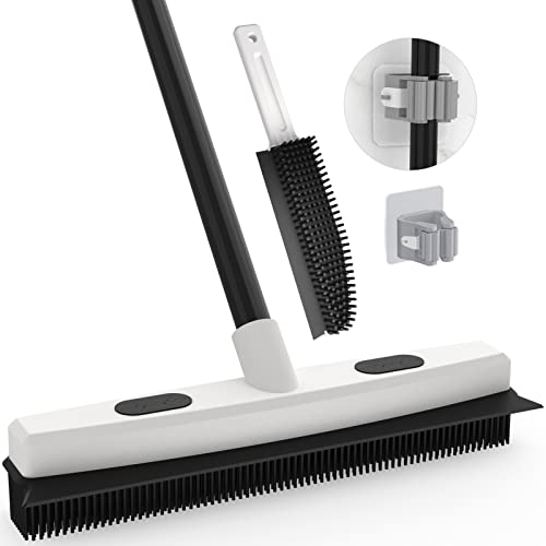 Sunally Rubber Broom Pet Hair Remover, Fur Remover Broom with Squeegee for Fluff Carpet, Hardwood Floor, Tile, Window, Black White, Includes Portable Lint Remover Brush