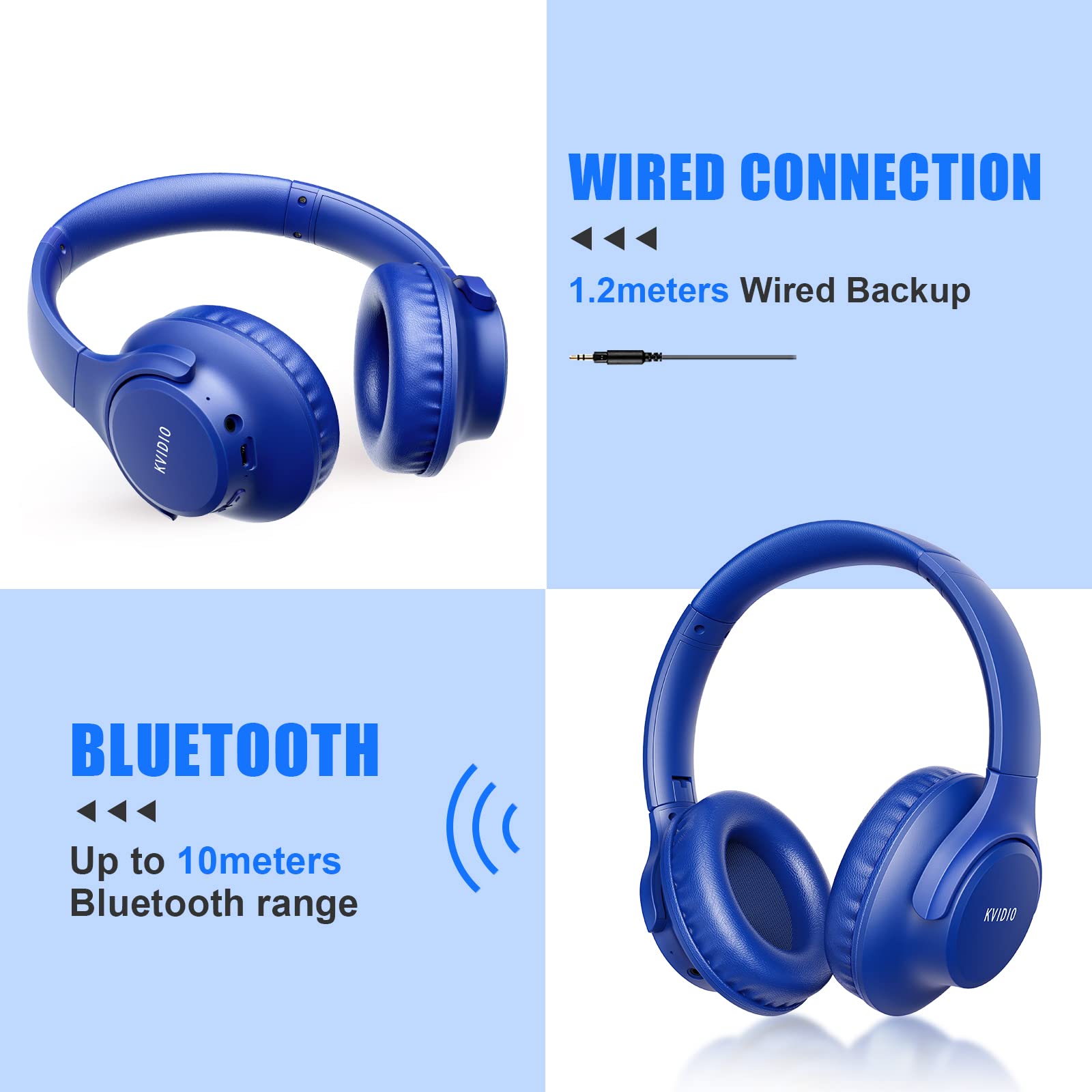 KVIDIO Bluetooth Headphones Over Ear, 65 Hours Playtime Wireless Headphones with Microphone, Foldable Lightweight Headset with Deep Bass, HiFi Stereo Sound for Travel Work Cellphone