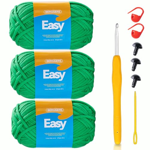 3 Pack Soft Amigurumi Yarn for Crocheting with Easy-to-See Stitches Chunky Yarn Bulk, Knitting & Crochet Supplies for Beginner to Crochet Amigurumi and Others (3x50g)-Green Yarn