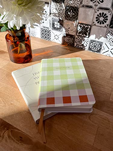 DesignWorks Ink Gratitude Journal with 196 Guided Pages for Daily Thoughts and Goals with Pen and Ribbon Marker | Undated Daily Mindfulness Journal, Green and Red Picnic Check