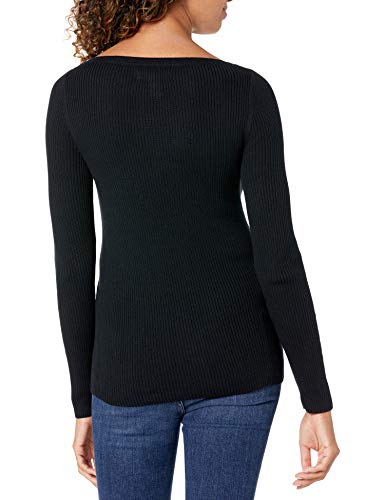 Amazon Essentials Women's Lightweight Ribbed Long-Sleeve Boat Neck Slim-Fit Sweater, Black, Medium
