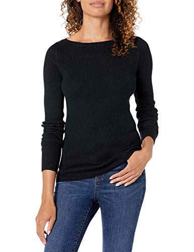Amazon Essentials Women's Lightweight Ribbed Long-Sleeve Boat Neck Slim-Fit Sweater, Black, Medium