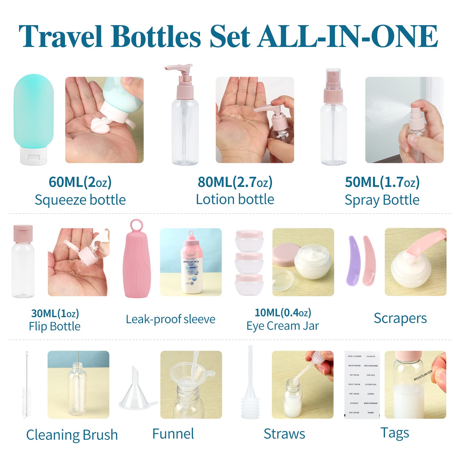 CCTIVED Travel Bottles for Toiletries, 23 Pack TSA Approved Silicone Travel Size Containers with Lable and Clear Bag, Leak Proof Refillable Travel Toiletry Bottle for Shampoo,Lotion,Conditioner