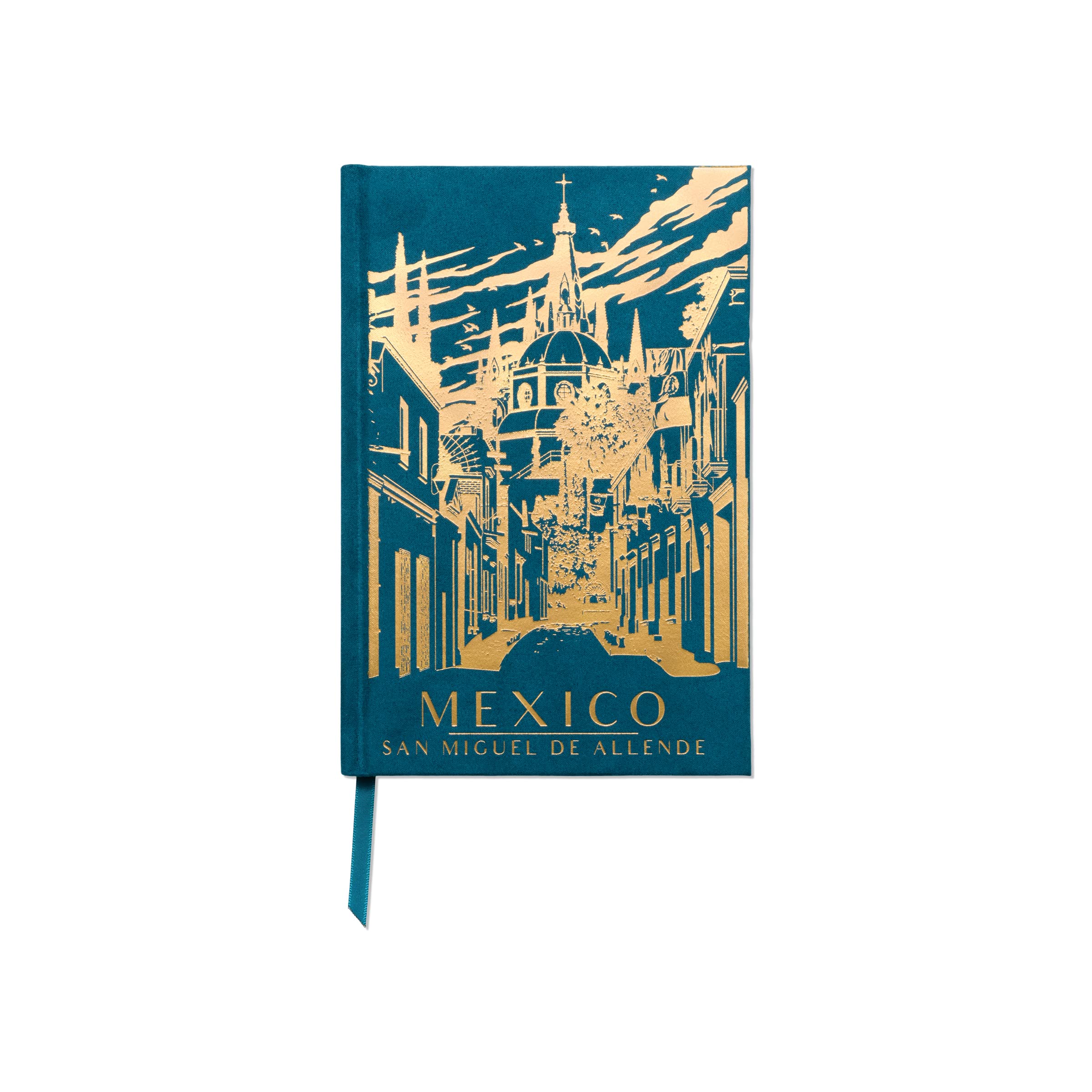 DesignWorks Ink Suede Cloth Hardcover Journal Notebook with 240 Lined Pages and Satin Ribbon Marker for Work, Writing - Anderson Design World Travel San Miguel De Allende Mexico Blue Gold (JB86-2026AD)