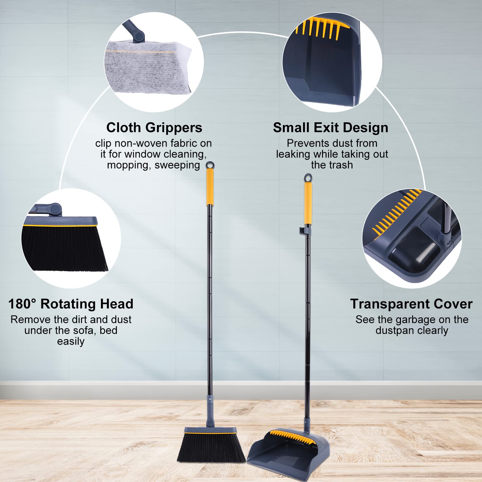JEHONN Broom and Dustpan Set for Home, 54 Inches Long Handle Lightweight 180 Degree Rotating Indoor Upright Standing Dust Pan with Comb Teeth, Store Sweep Set for Room Kitchen Lobby Office