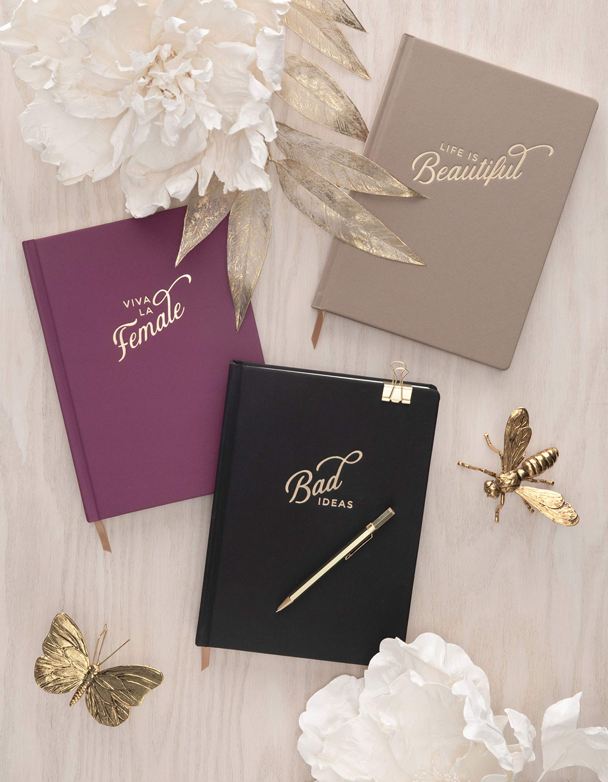 Designworks Ink Bad Ideas Black 7.25" x 10.25" Jumbo Journal Notebook with Cloth Cover, Gold Accents, Lined Pages, Ribbon Marker for Work, Writing, Journaling
