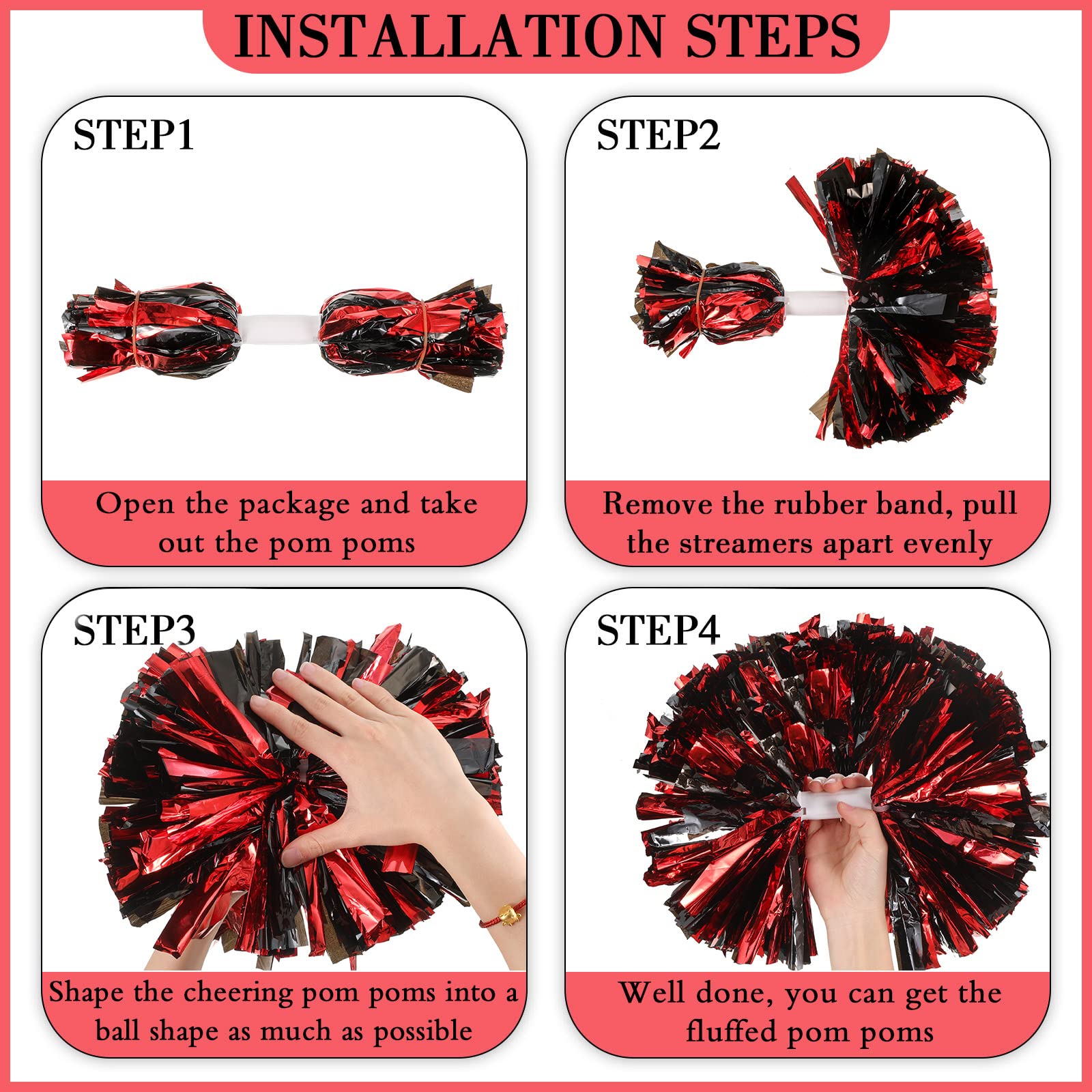 Hanaive 6 Pcs 13 Inch Cheerleading Pom Poms and Large Bows for Girl Cheer Poms Metallic Poms with Handle for Softball Dance(Red and Black)