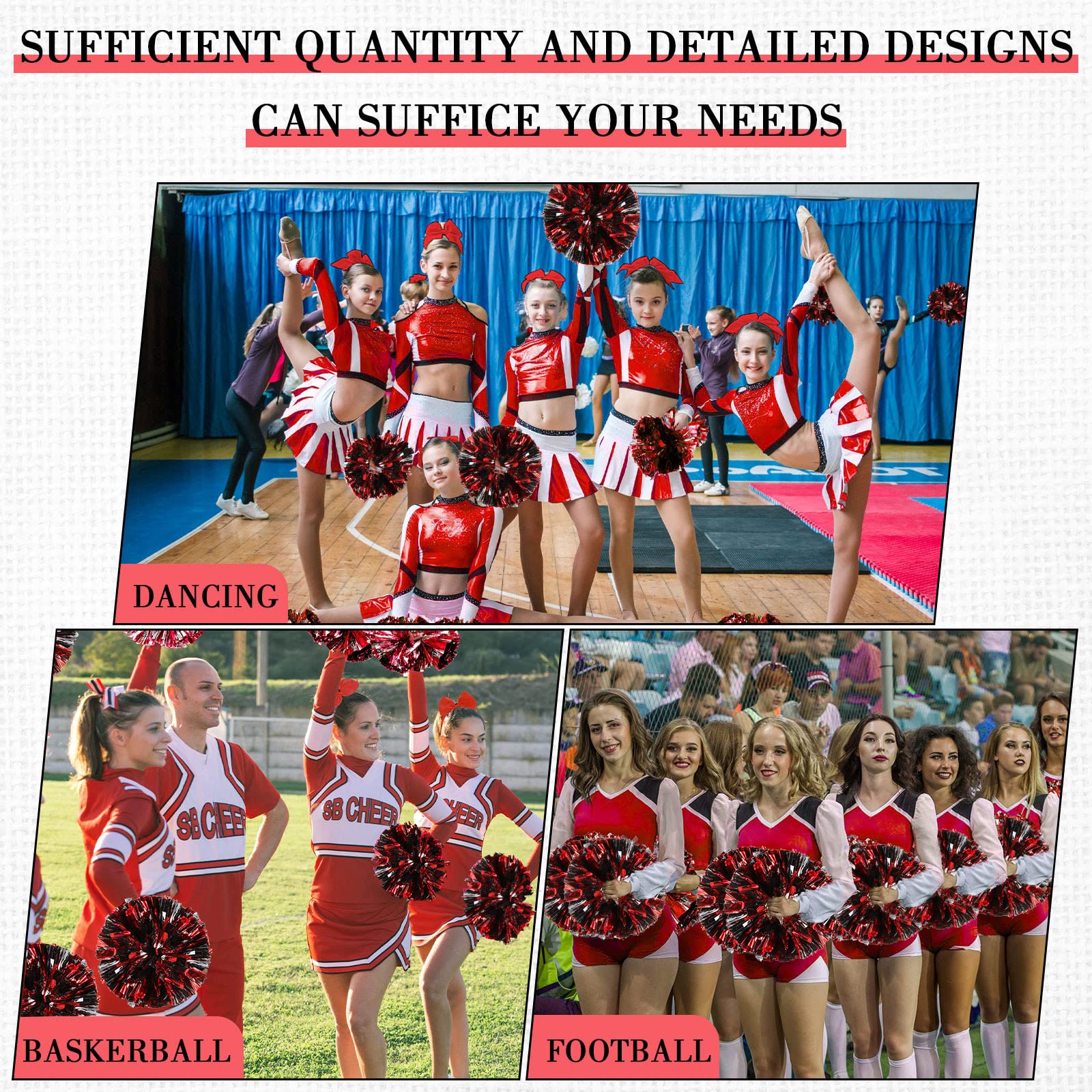 Hanaive 6 Pcs 13 Inch Cheerleading Pom Poms and Large Bows for Girl Cheer Poms Metallic Poms with Handle for Softball Dance(Red and Black)