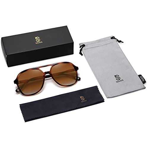 SOJOS Retro Square Polarized Aviator Sunglasses Womens Mens 70s Vintage Double Bridge Sun Glasses SJ2174, Brown Tortoise/Brown