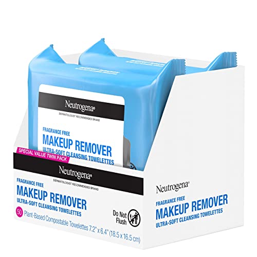 Neutrogena Makeup Remover Cleansing Face Wipes, Daily Cleansing Facial Towelettes to Remove Waterproof Makeup and Mascara, Alcohol-Free, Value Twin Pack, 25 Count, 2 Pack