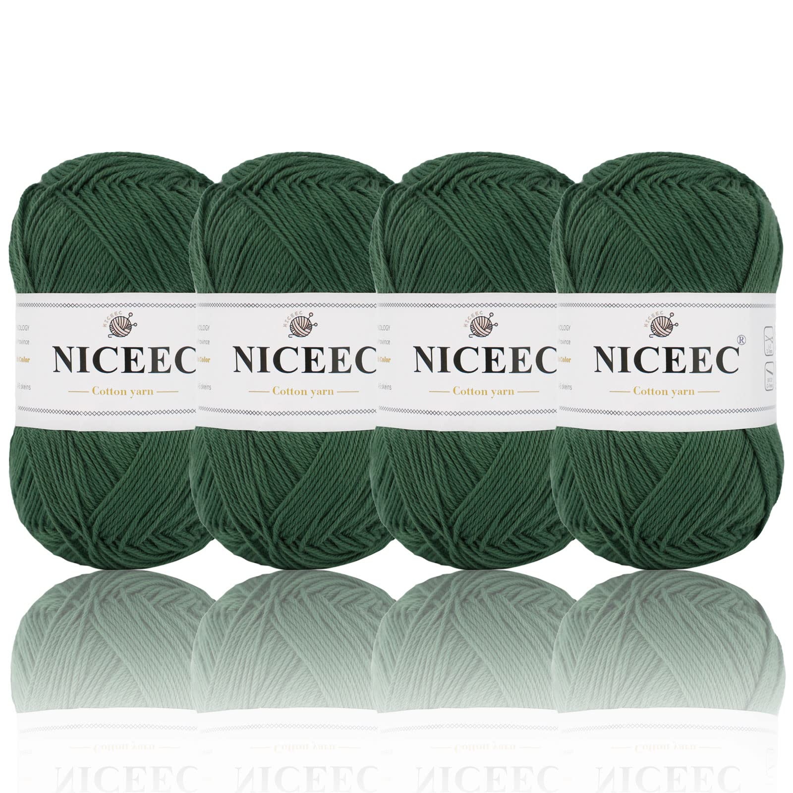 NICEEC 4 Skeins Soft Baby Cotton Yarn, 4 Ply, DIY Craft, Fingering Weight, Blanket Yarn for Crochet & Knitting, Total 700yds/7.05oz - Green
