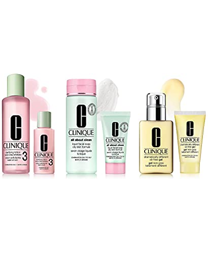 Clinique Great Skin Home & Away Gift Set (Skin Types 3 & 4): 1 Liquid Facial Soap Oily Skin Formula 6.7 Oz + 1 Clarifying Lotion 3 with Pump 16.5 Oz + 1 Dramatically Different Moisturizing Gel with Pump 4.2 Oz + 1 Liquid Facial Soap Oily Skin Formula 1 Oz