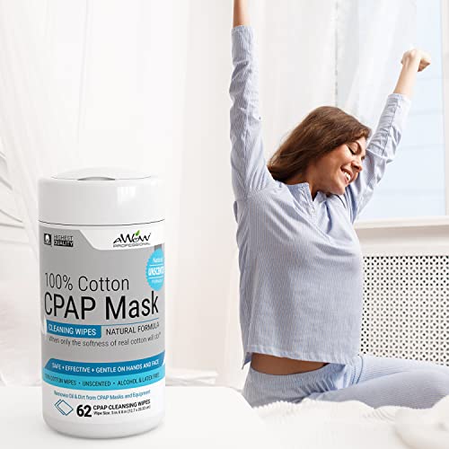 AWOW Professional CPAP Cleaning Wipes - Unscented 100% Cotton, Make CPAP-Mask-Cleaning easy for Daily CPAP/BiPAP Mask Maintenance, 62 CPAP Wipes per Canister. (3pk, 186 Wipes)