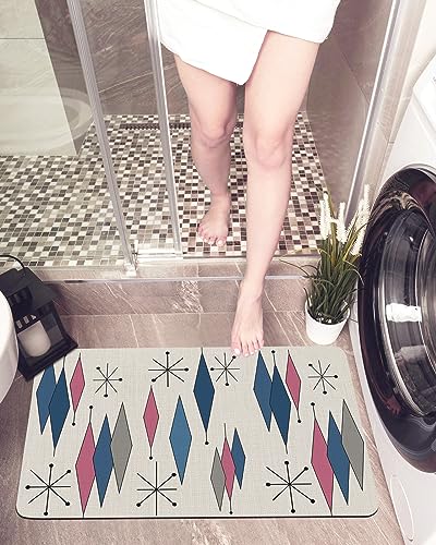 Bath Mat Retro Mid-Century Geometry Blue Pink Grey Diamond Geometry Super Quick Dry Diatom Mud Bath Rugs Non-Slip Floor Mats for Bathtub Shower Room Sink, 16x24In