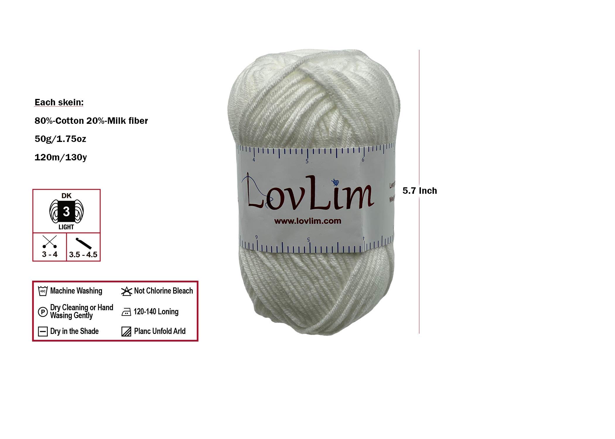LovLim Yarn Pack, 2 skeins of 50g Each, Soft Cotton Yarn for Crochet and Knitting, Craft DK Amigurumi Yarn (White)