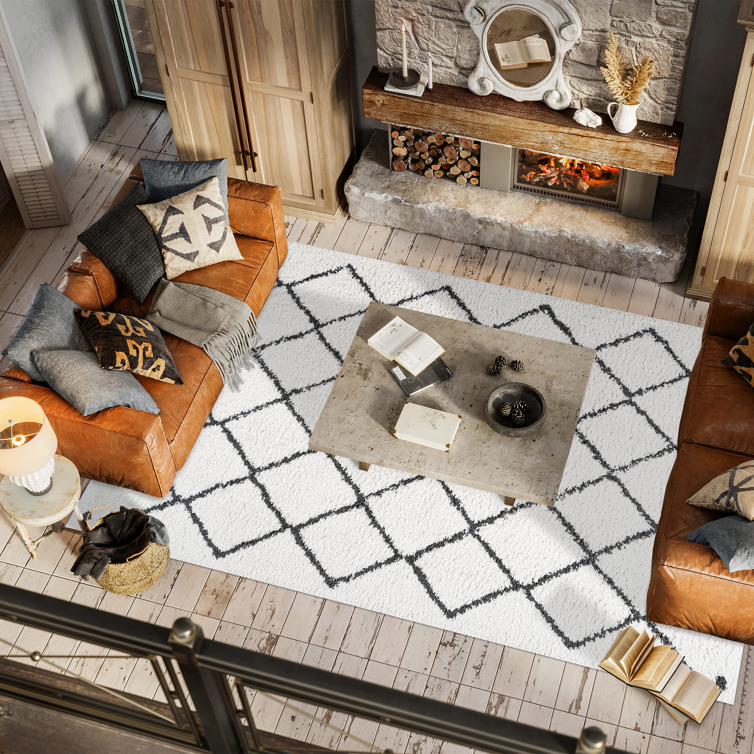 JONATHAN Y MOH410A-5 Cami Moroccan Style Diamond Shag Indoor Area-Rug Bohemian Contemporary Geometric Easy-Cleaning Bedroom Kitchen Living Room Non Shedding, 5 X 8, White/Black