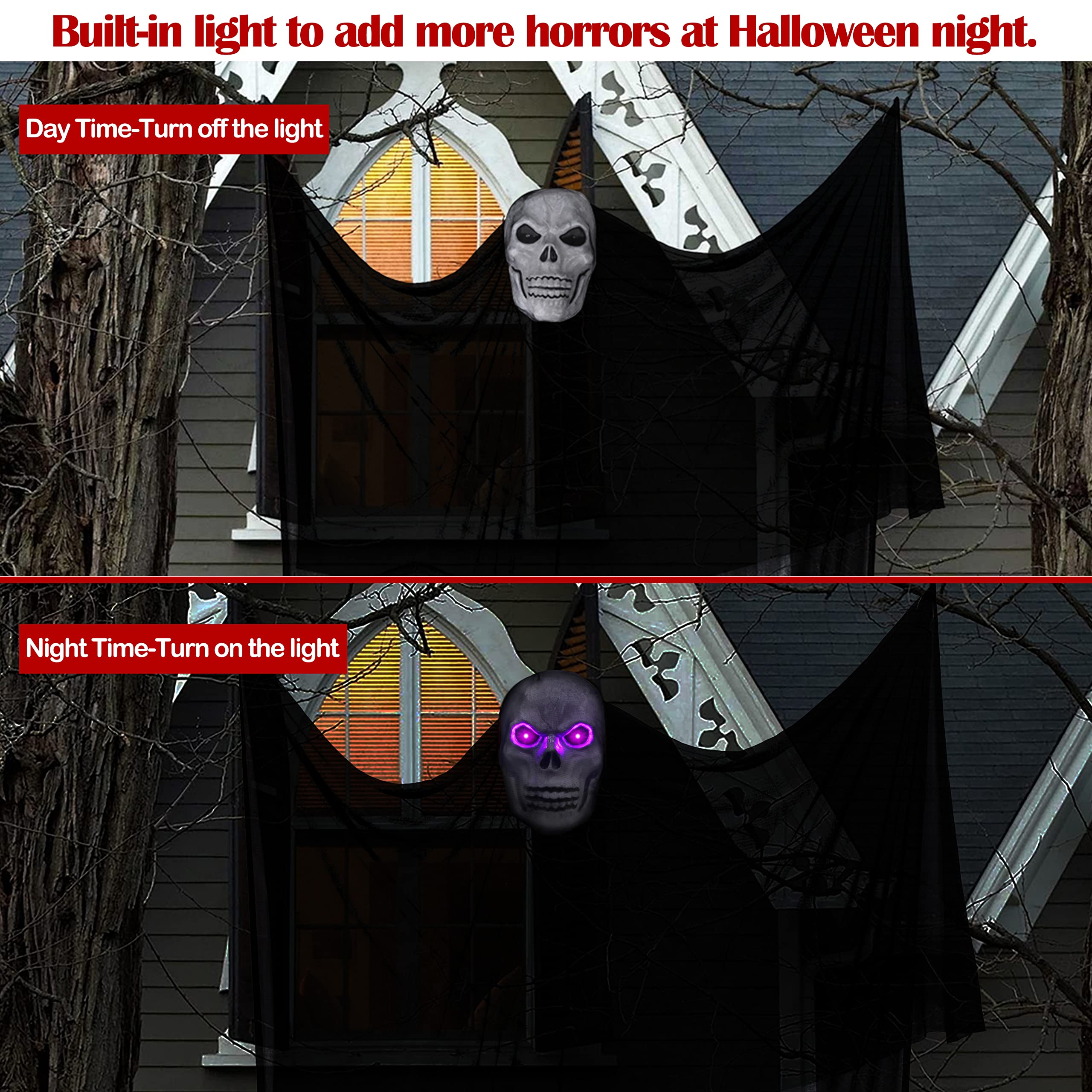Moon Boat 13.94ft Halloween Ghost Hanging Activated Decorations with LED Light-up Purple Eyes&Voice, Scary Creepy Indoor Outdoor Decor(Batteries Not Included)