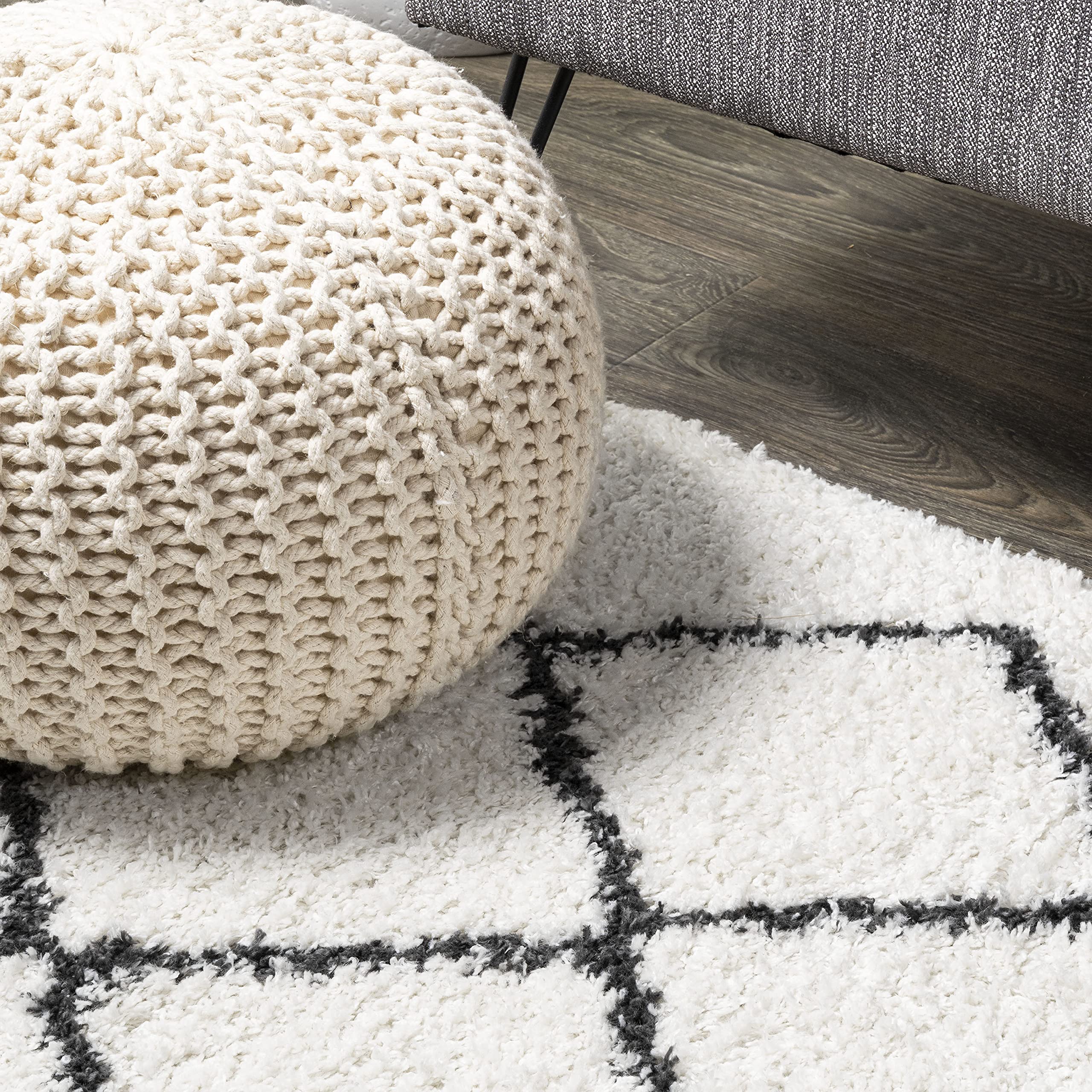 JONATHAN Y MOH410A-5 Cami Moroccan Style Diamond Shag Indoor Area-Rug Bohemian Contemporary Geometric Easy-Cleaning Bedroom Kitchen Living Room Non Shedding, 5 X 8, White/Black