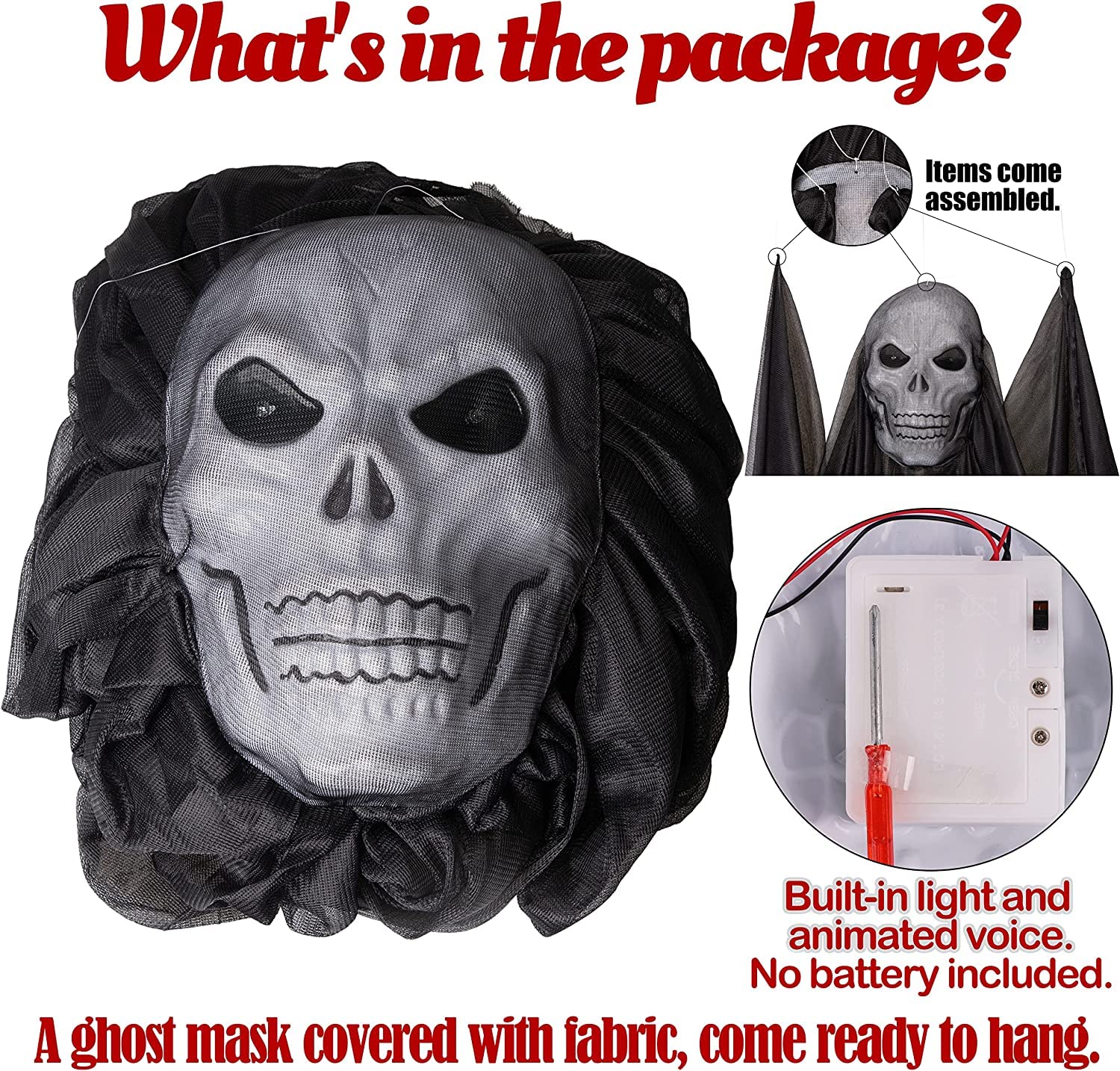 Moon Boat 13.94ft Halloween Ghost Hanging Activated Decorations with LED Light-up Purple Eyes&Voice, Scary Creepy Indoor Outdoor Decor(Batteries Not Included)