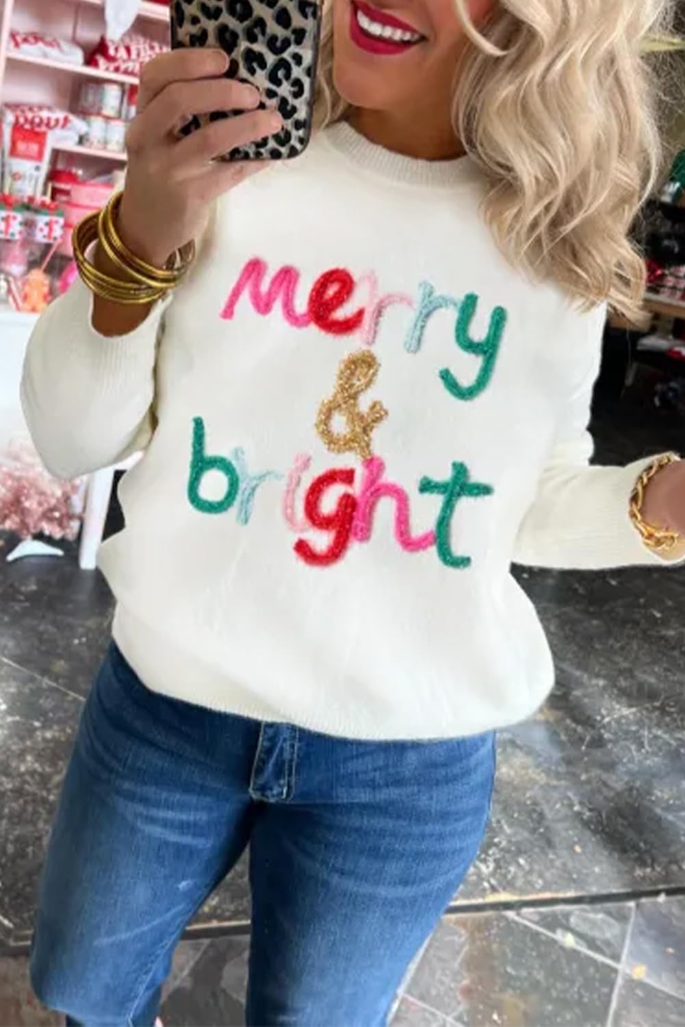 Women's White Merry Bright Round Neck Casual Christmas Sweater Solid Slogan Long Sleeve Sweatshirt Pullover Tops