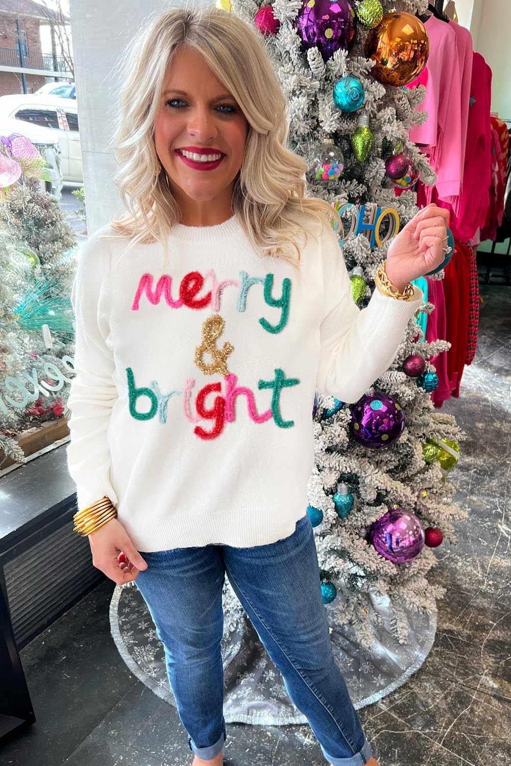 Women's White Merry Bright Round Neck Casual Christmas Sweater Solid Slogan Long Sleeve Sweatshirt Pullover Tops
