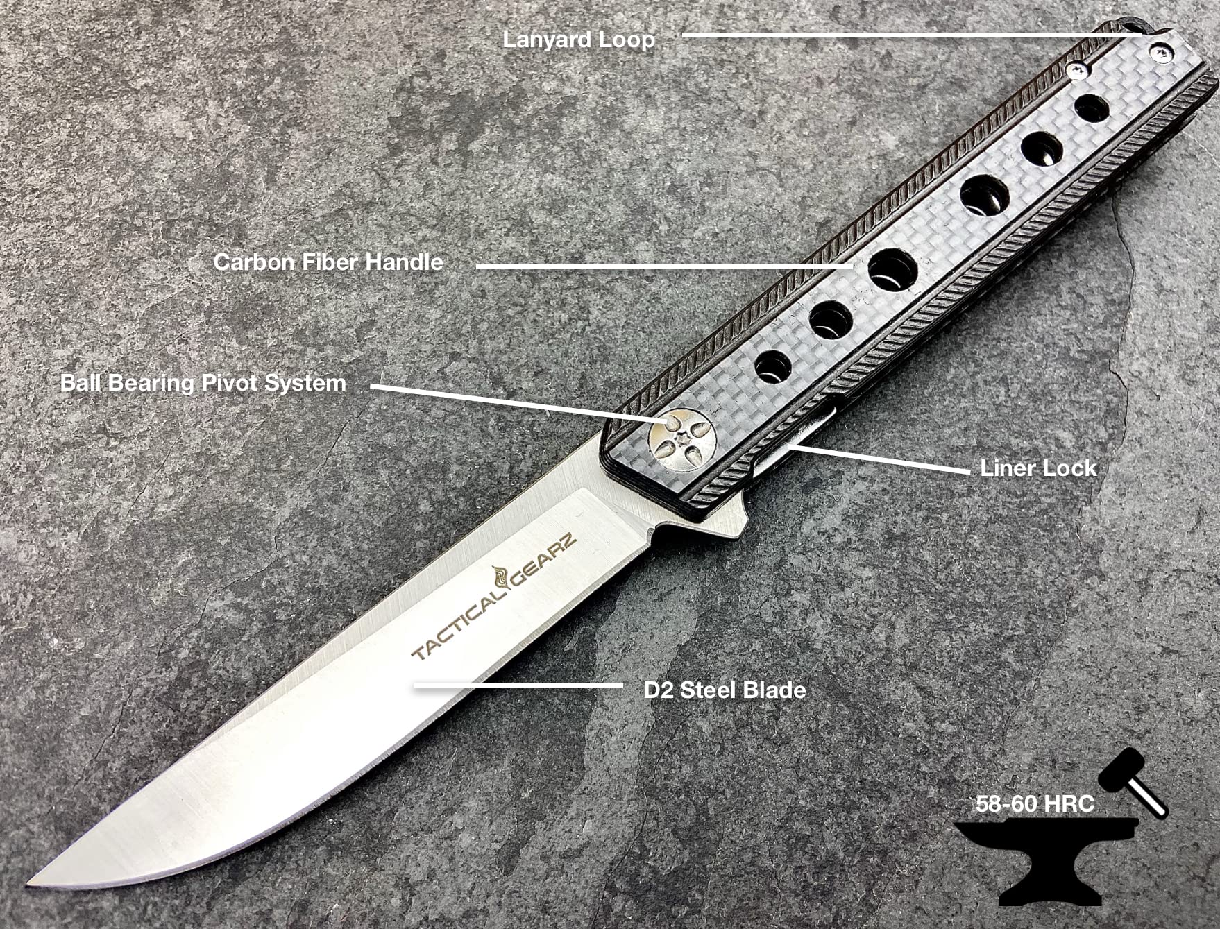 TACTICAL GEARZ Carbon Fiber EDC Pocket Knife! TG Torus, Carbon Fiber Handle! Razor Sharp D2 Steel Blade! Ball Bearing Pivot System Open! Includes Sheath! (Torus)